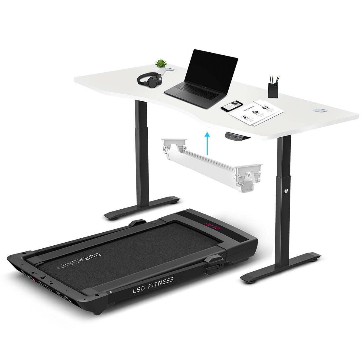 Pacer M5 Treadmill + Standing Desk White 180cm + Cable Management Tray ...